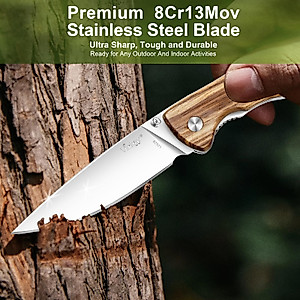 Vickay Pocket Knife for Men, Folding Knife with Clip, 3.74" 8Cr13MoV Steel Blade, Wood Handle EDC Knife for Outdoor Camping,Tactical, Hunting and Fishing Gift (Zebrawood)