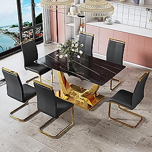 Maotifeys Luxury Black Faux Marble Dining Table Set for 6, Modern Kitchen Table with 6 Black Leather Dining Chairs 7-Piece Dining Table and Chairs for 6 with Polished Gold Metal Legs