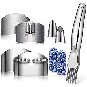 9 Pcs Finger Guard Set for Cutting Includes 4 Stainless Steel Cutting Protector 2 Adjustable Safe Thumb Guard 2 Finger Cot Scallion Cutter Shred Silk Knife to Avoid Hurting When Slicing and Chopping