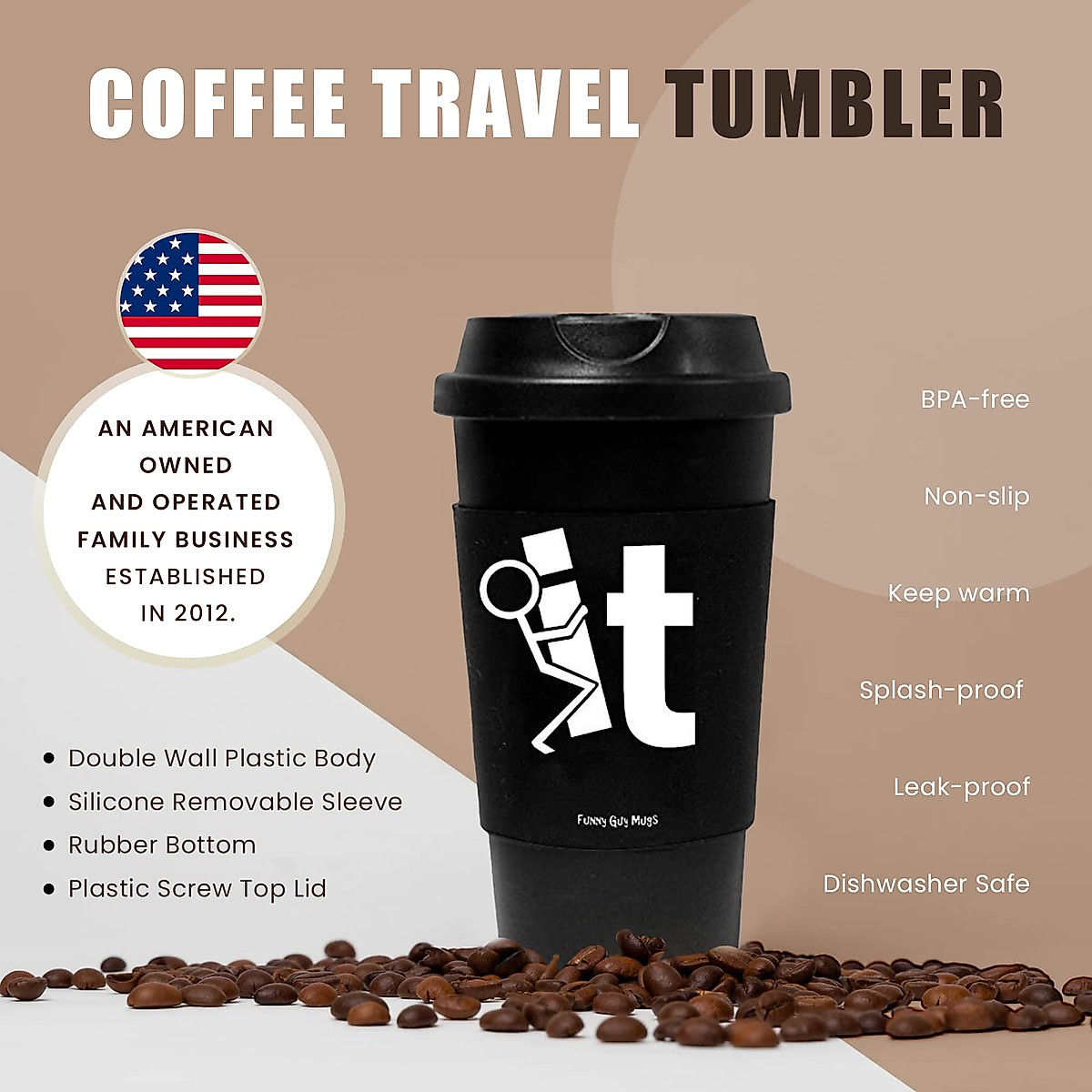 Funny Guy Mugs F It Travel Tumbler With Removable Insulated Silicone Sleeve, Black, 16-Ounce