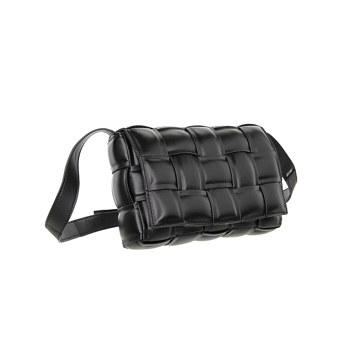 Olivia Miller Women Quilted Woven Black Faux Vegan Leather Front Flap Cassette Crossbody Shoulder Bag Adjustable Shoulder Strap Chic Square Designer Casual Purse Handbag