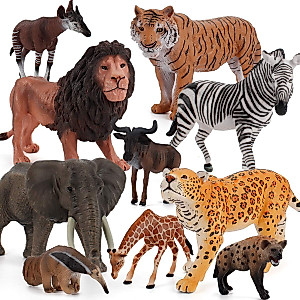 10 PCS Wildlife Grassland Animal Figures Model Figurines Lion Tiger Anteater Leopard Party Favors Supplies Cake Toppers Decoration Cognitive Toys Set for Boys Girls Kid