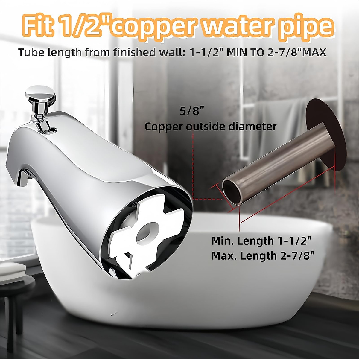 Bathtub Faucet Easy to Install Tub Spout with Diverter,American Standard Tub Faucet Replacement Fits 1/2" Copper Water Tube(5/8" Diameter) with Hex Wrench Chrome Finish
