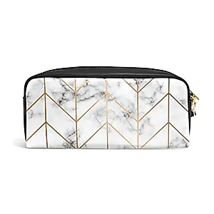 ALAZA Cute Pencil Case White Marble Gold Geomertric Line Pen Cases Organizer PU Leather Comestic Makeup Bag Make up Pouch
