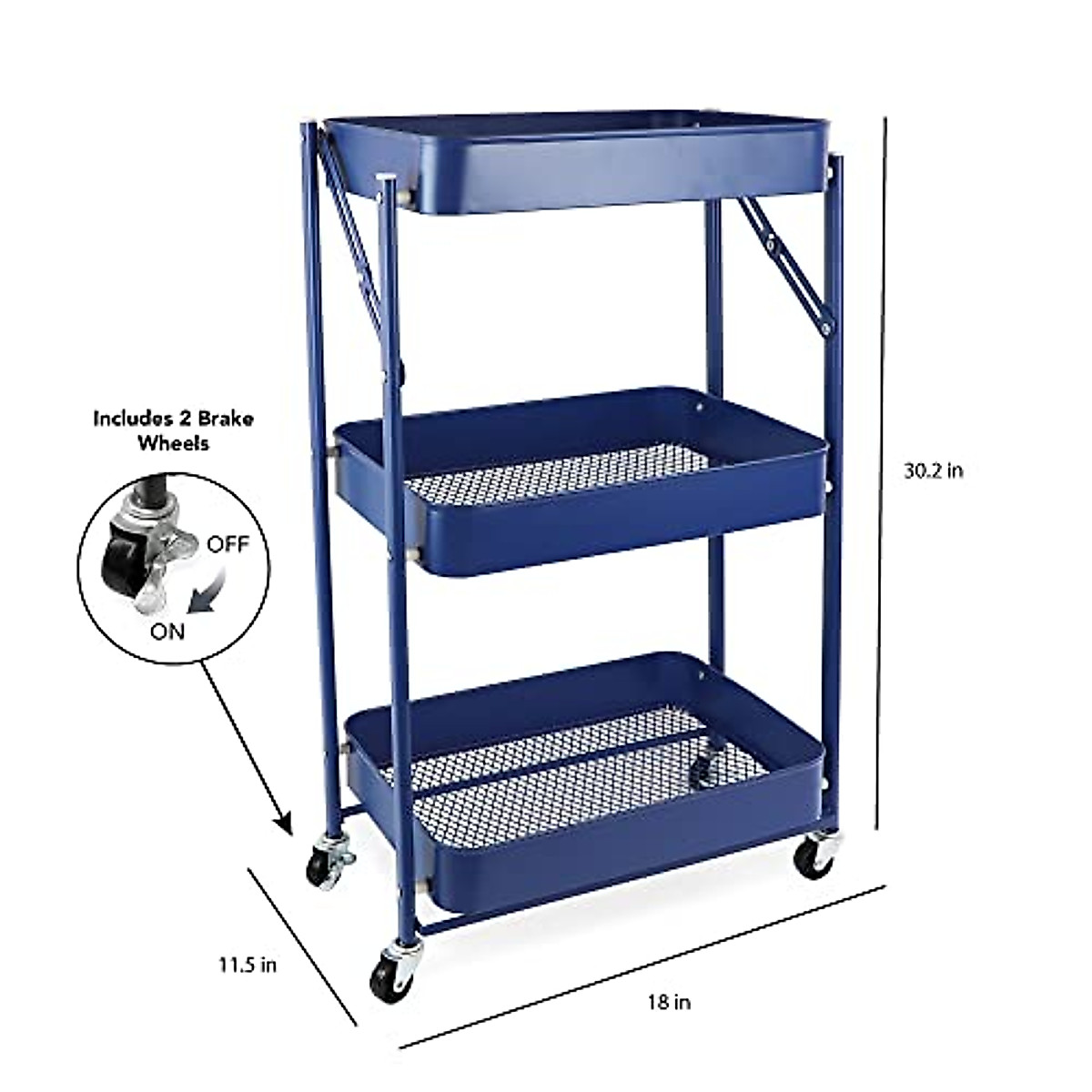 Isaac Jacobs 3-Tier Rolling Cart, Foldable Mobile Storage Organizer with Caster Wheels, Lightweight Multi-Purpose Metal Utility Cart for Office, Kitchen, Bathroom, Bedroom (Navy)
