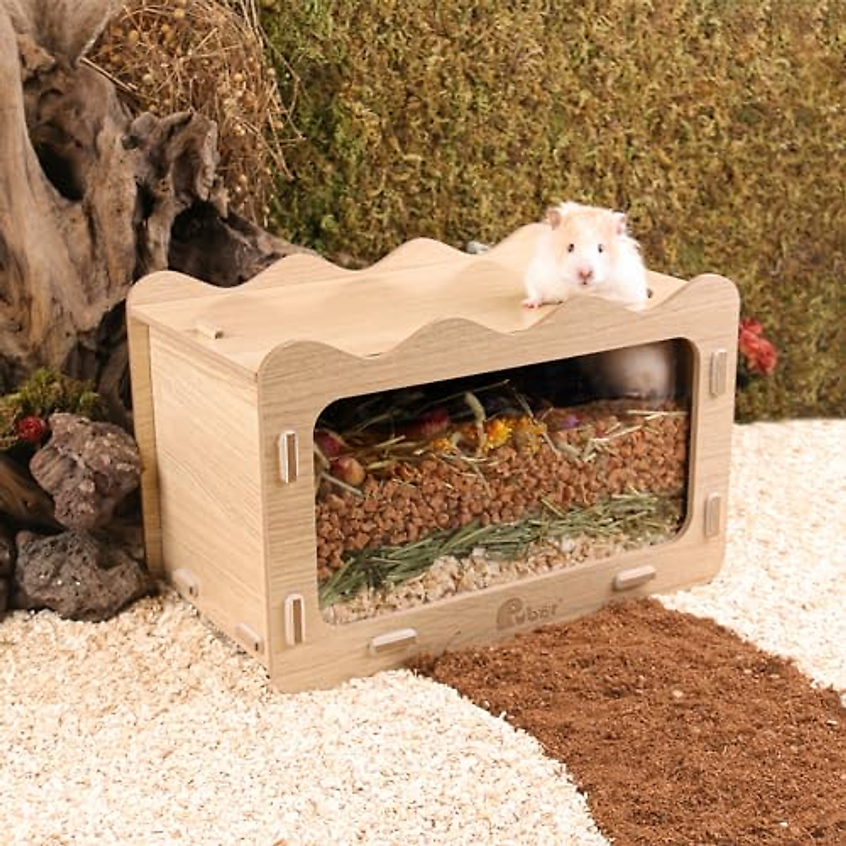 Rubor Hamster Digging Box Syrian Visible Hideout and Exploration House with Acrylic Transparent Board for Dwarf Gerbils Mice Degus or Other Small Pets