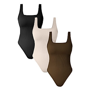 AUTOMET Women's Blackbeigebrown Sleeveless Square Neck Nylon,Spandex Medium Leotard