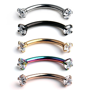 Ruifan 5PCS 16G 3/8" (10MM) Stainless Steel 3mm Cubic Zirconia Gem Internally Thread Curved Barbell Eyebrow Tragus Lip Ring Piercing Jewelry - Mix color