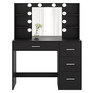 Irontar Vanity Desk, Makeup Vanity with 10 LED Lights and 4 Drawers, Brightness Adjustable, Dressing Table with 6 Shelves, Vanity Table for Women, Black WDT003B