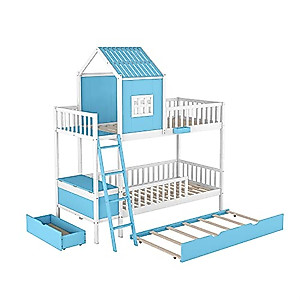 Lepfun Full House Twin Size Trundle, Solid Wood Farmhouse Bunk Storage Box and Drawer, for Kids Teens Adults, Practical Durable Bed for Bedroom, Apartment, Dorm (Blue)