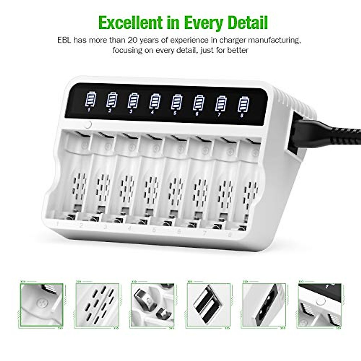 EBL 8 Bay AA AAA Battery Charger with Discharge Function for AA AAA Ni-MH Ni-CD Rechargeable Batteries - with LCD Display and 2 USB Output Port