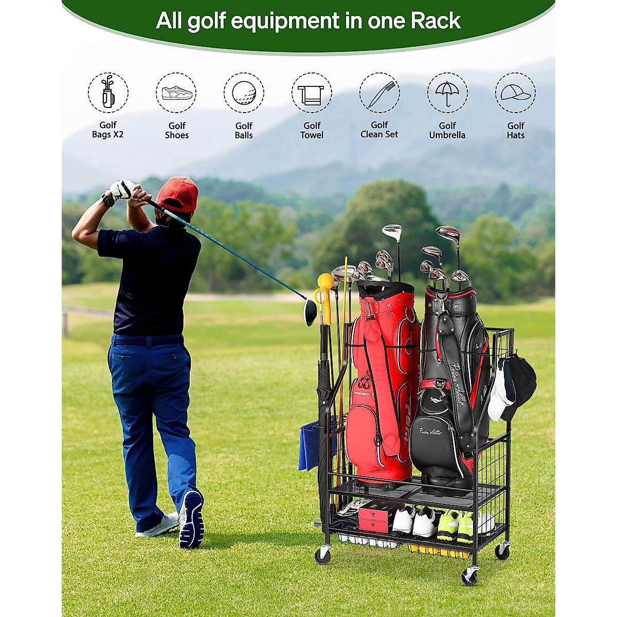 FHXZH Golf Bag Storage Garage Organizer- Golf Bag Stand Fit for 2 Golf Bags and Golf Clubs, Golf Balls, Golf Equipment Accessories, Extra Large Golf Bag Storage Rack for Garage, Club, Shed, Basement