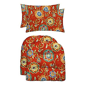 RSH Décor Indoor Outdoor 2 U-Shape Wicker Cushions & 2 Lumbar Pillows Weather Resistant, Carnival Fanfare Orange