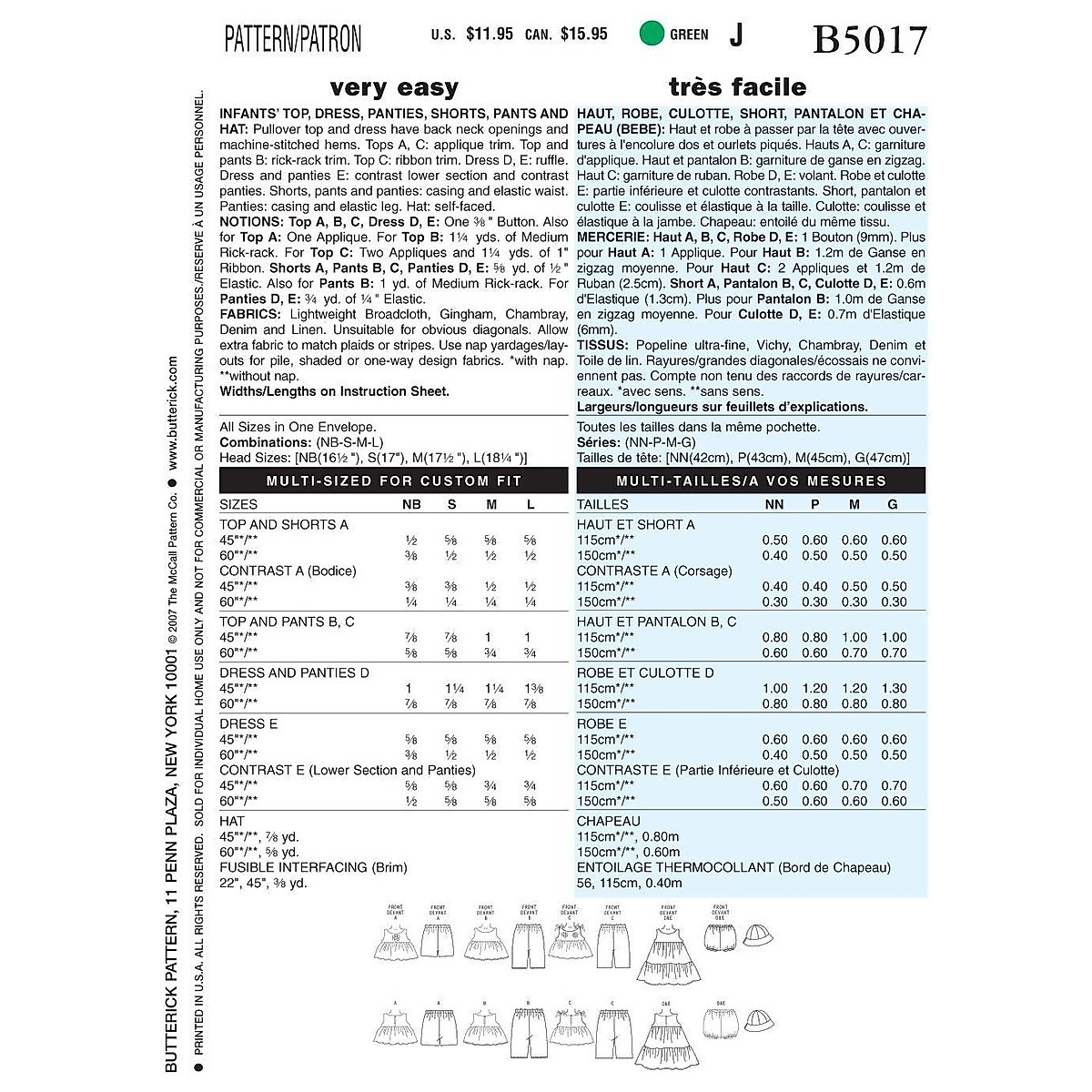 BUTTERICK PATTERNS B5017 Infants' Top, Dress, Panties, Shorts, Pants and Hat