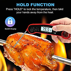 Digital Meat Thermometer with Probe, Instant Read Food Thermometer for Grilling BBQ, Kitchen Cooking, Baking, Liquids, Candy & Air Fryer - IP67 Waterproof, Backlight & Calibration - Red/Black