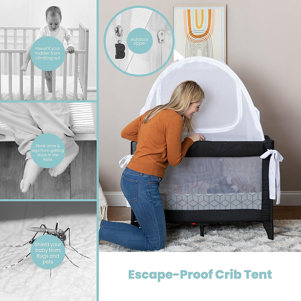 Pro Baby Safety Premium Pack n Play Tent, Mini Crib Tent to Keep Baby from Climbing Out, Auto Pop Up Pack and Play Tent with Auto-Lock Zippers, Thick Velvety Breathable Mesh (Geometric Cubes)