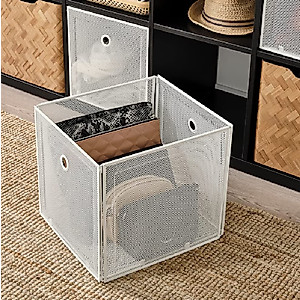 DRÖNJÖNS Storage Box,White KALLAX Shelving Unit Media Accessories and Clothes Organizer Steel Mesh Square Bin Foldable Handled 13x14 ½x13