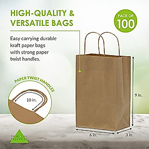 Prime Line Packaging Mini Brown Gift Bags with Handles, Kraft Paper for Small Business, Boutique, Retail, Thank you, Party, Take Out - 6x3x9, 100 Pack