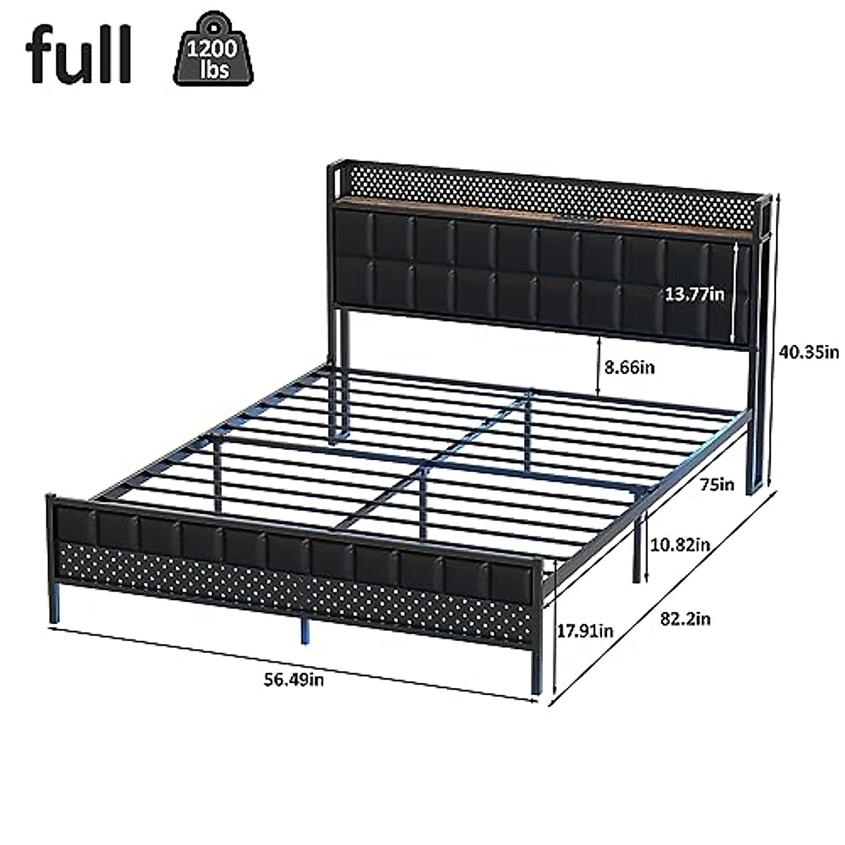 Halitaa Full Size Bed Frame with Headboard and Led Lights,Upholstered Bed Frames with Charging Station,Platform Metal Bed with Storage Shelves,No Box Spring Needed,Easy Assembly