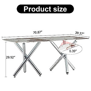 Modern Dining Table for 4 to 6 People with Imitation Marble White Desktop and Dual X-Shaped Silver Metal Legs, Modern Rectangular Kitchen Table for Kitchen Dining Room, 71" W x 39" D x 30" H