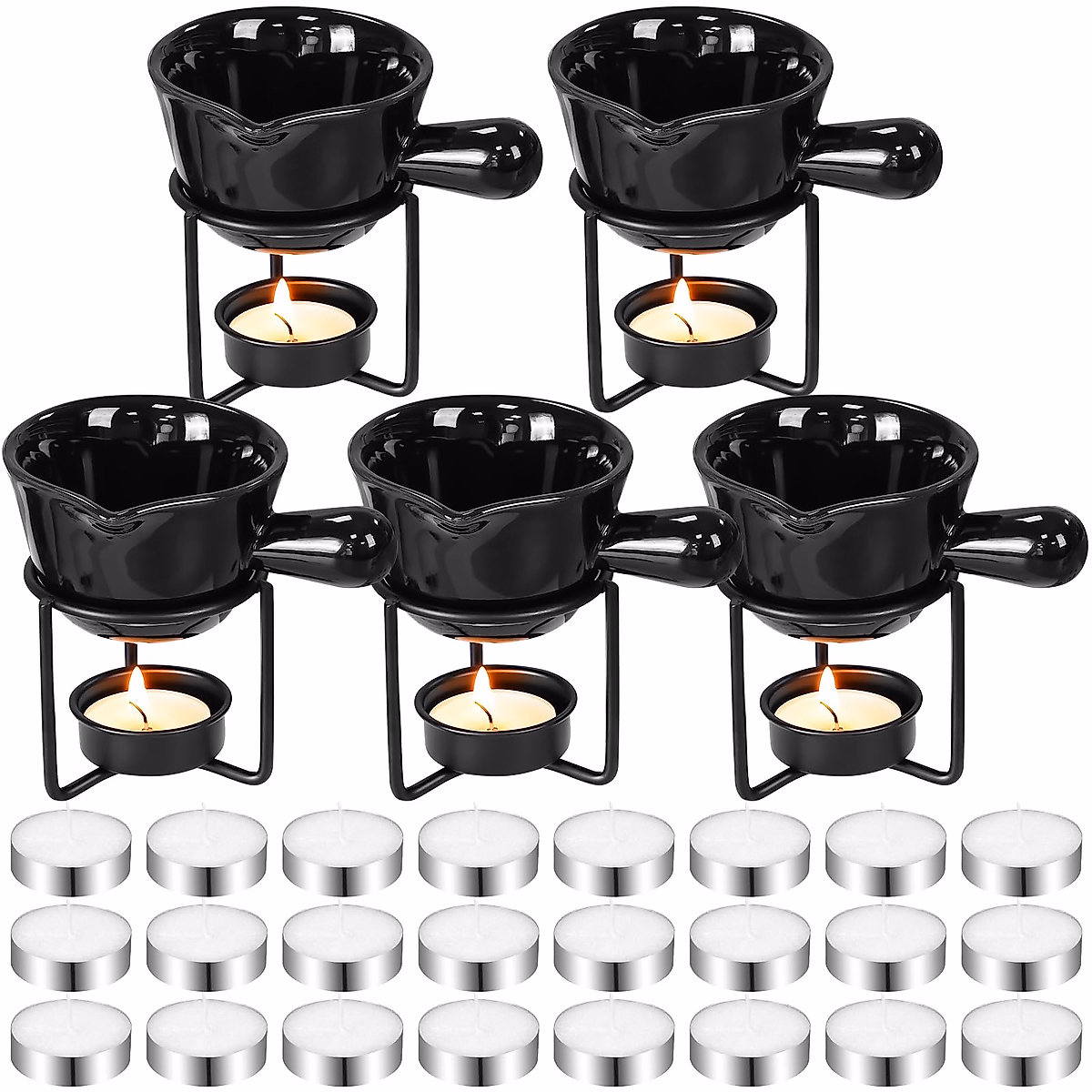 Yungyan 35 Pcs Ceramic Butter Warmers 5 Butter Warmers for Seafood with 25 Tealight Candles 5 Stand 2 oz Mini Simmer Pot Set for Sauce Chocolate Cheese Fondue Lobster Dishwasher Microwave Oven Safe