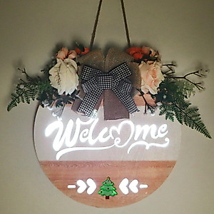 Interchangeable Welcome Sign with Automatic Induction Light, Welcome Sign for Front Door, Welcome Door Sign with 8 Interchangeable Seasonal Icons, Welcome Sign Wall Hanging Farmhouse(Wood Grain)