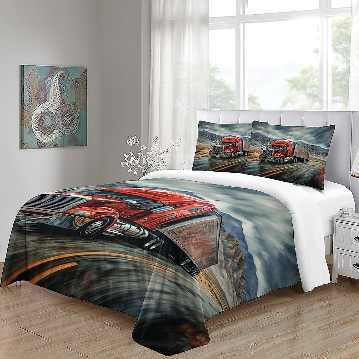 AAHARYA Red Semi-Trailer Quilt Cover 3D Printed Big Truck Bedding Set Comforter Covers Duvet Cover 3 Pieces with Pillowcases for Childrens and Adults Microfiber with Zipper Closure Twin（173x218cm）