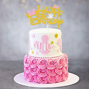 Pink And Gold Glitter Minnie Inspired Happy Birthday Cake Topper with Pink Bows and White Gloves Girls Birthday Party Decorations Supplies