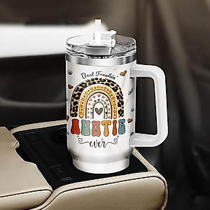 99WHALE Tumbler 40 Oz With Handle Lid And Straw, Auntie Rainbow Leopard, Rainbow Travel Coffee Mug Cup, Aunt Gifts, Cups For Black Gift Daisy Print Ever Handle Coffee Best Heart