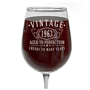 Vintage 1963 Etched 16oz Stemmed Wine Glass - 61st Birthday Gifts for Women - Cheers to 61 years old - 61st decorations for her - Best Engraved Wine Gift ideas Friend Mom - Sister 2.0