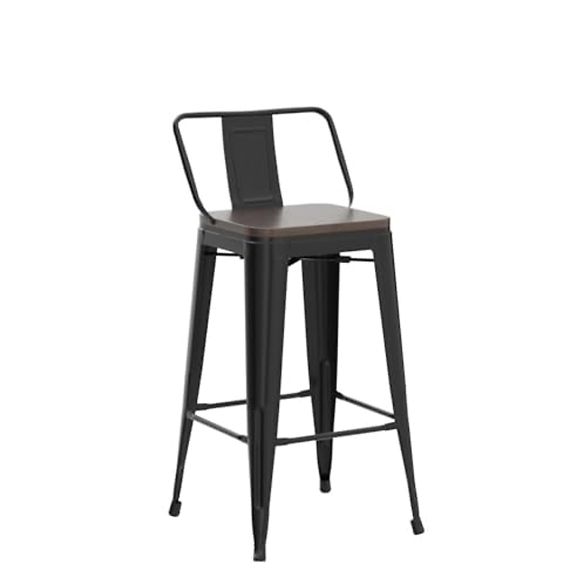 Yaheetech 24'' Metal Bar Stool 4PCS Low Back Conuter Stools for Indoor/Outdoor Barstools w/Wooden Seat Metal Leg Industrial Counter Height Black