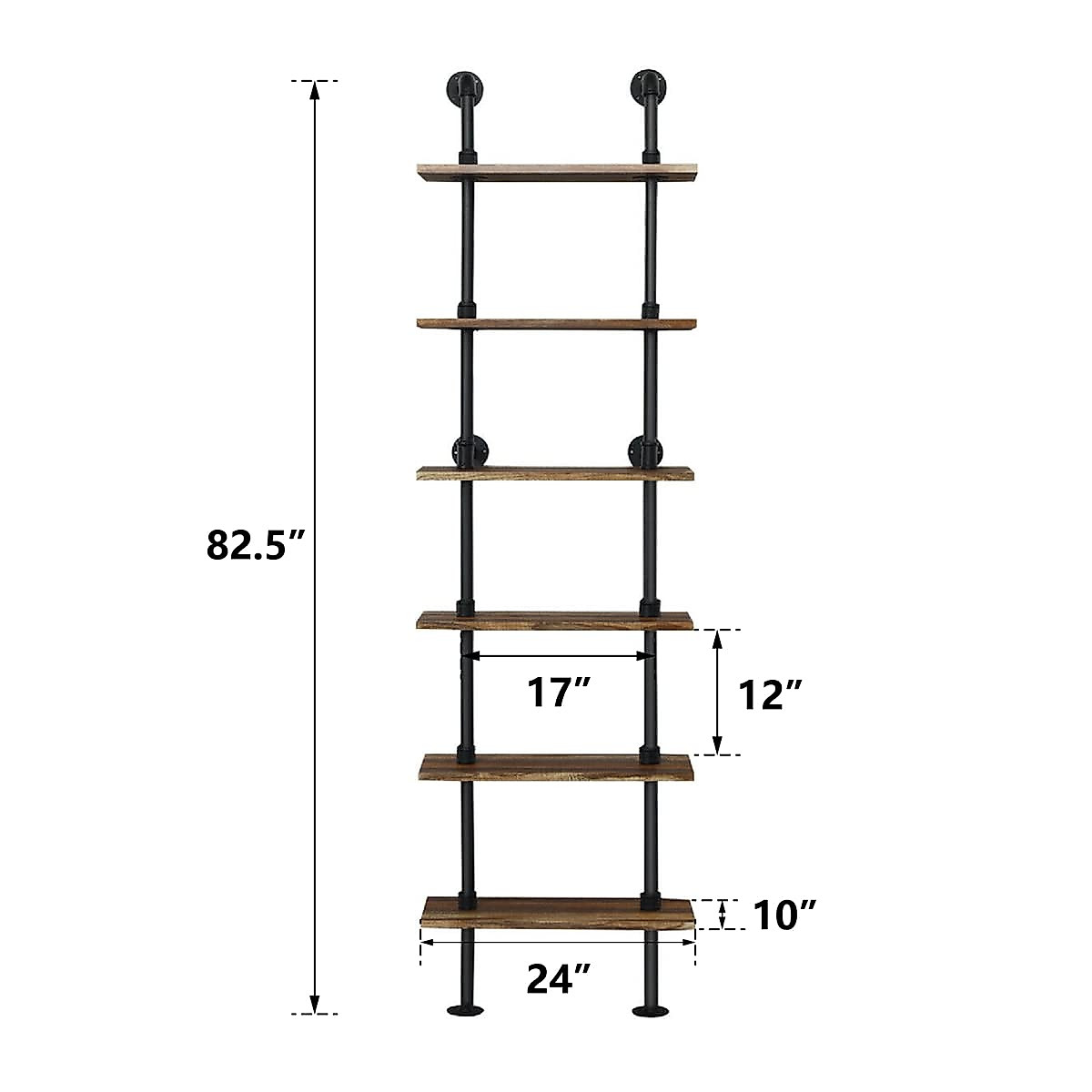 Liviza 6-Tier Pipe Wall Mounted Shelf, Rustic Vintage Industrial Bookcase, Wood Storage Bookshelf for Living Room, Apartment, Small Space