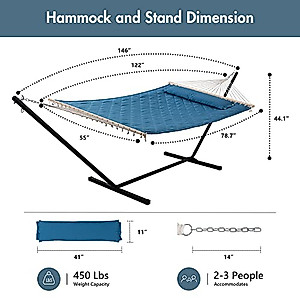 ANOW Double Hammock with 12 Feet Heavy Duty Steel Stand Combo, 2 Person Quilted Hammock with Stand for Outdoors Indoors, 450 LBS Weight Capacity, Blue