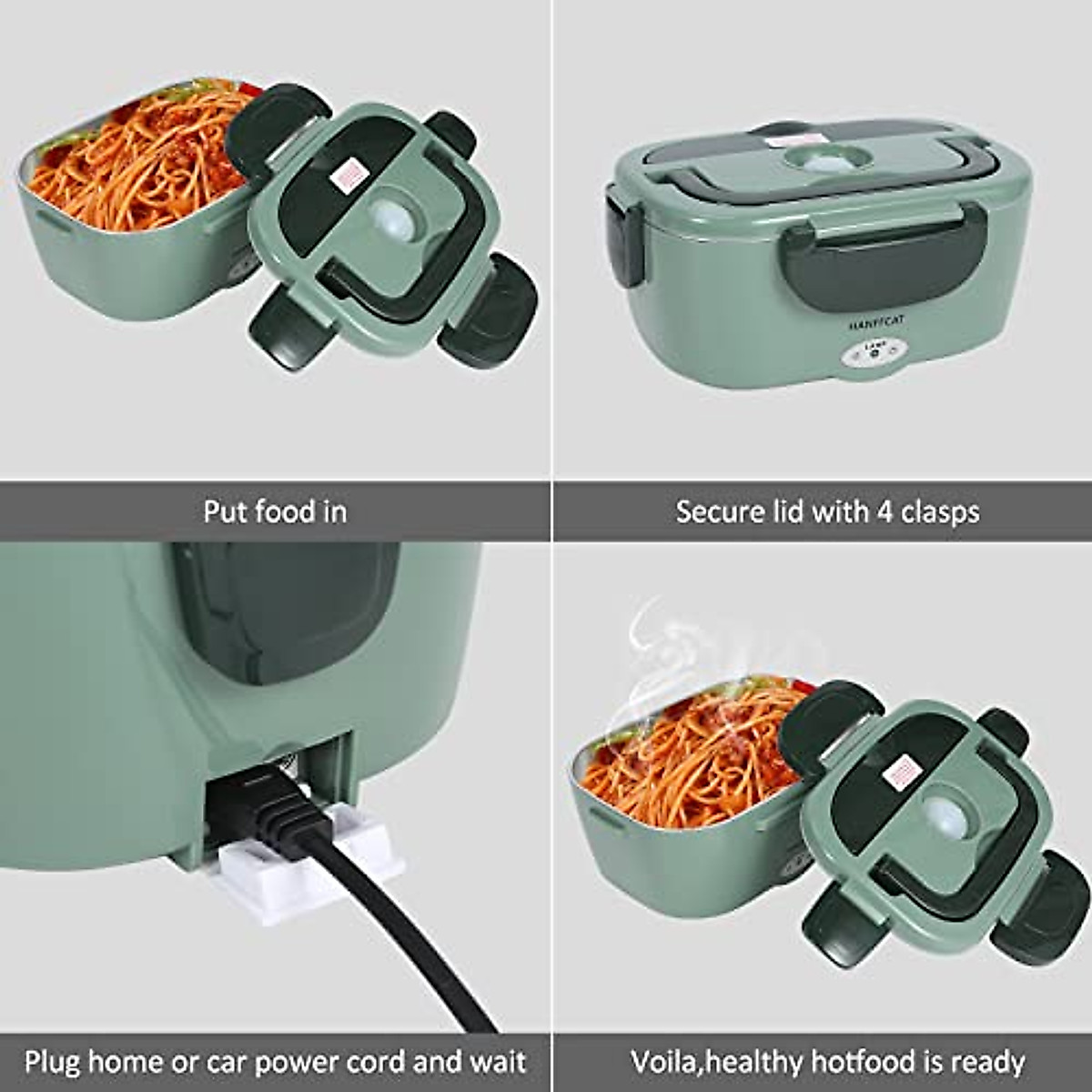 HANFFCAT Electric Lunch Box, Portable Box Food Heater Leak-Proof Sealing Ring Waterproof And For Car、Truck Work 12v 110v 55w ,Stainless Steel Container Spoon Fork、Handbag, Green (DRFH-02)