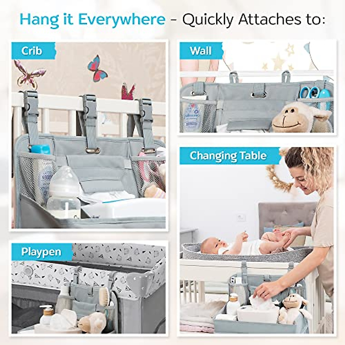 XL Hanging Diaper Caddy Organizer – Reinforced Diaper Stacker for Crib that Keeps Shape – Hanging Diaper Organizer for Changing Table, Playard, Wall & Door – Diaper Holder for Newborn Baby Girl & Boy
