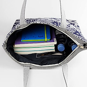 TOPASION Elephant Tote Bag with Zipper Inner Pocket, Reusable Grocery Shoulder Bag, Beach Bag Shopping Bag for Women (Blue Elephant)