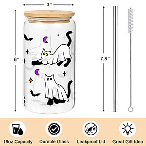 Lovearth Cute Halloween Ghost Cat Iced Coffee Cup, 16oz Halloween Glass Cup with Lid and Straw, Halloween Coffee Tumbler, Boo Basket Stuffers for Women, Men, Teens, Spooky Gifts for Cat Lovers