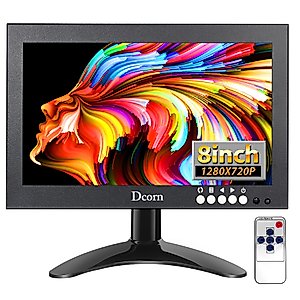 Dcorn 8 inch Mini Monitor, Small HDMI Monitor 1280x720 16:9 IPS Metal Housing Screen Support HDMI/VGA/AV/BNC Input with Wall Bracket&Remote Control,178 Full Viewing w/Speaker