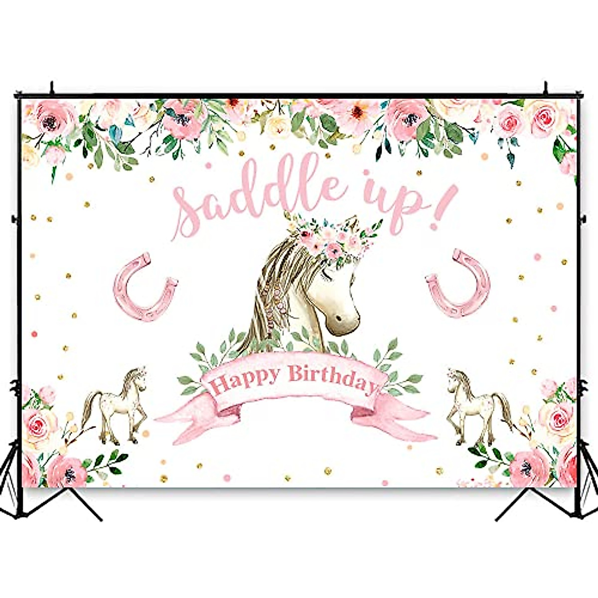 Avezano Horse Birthday Backdrop 7x5ft Pony Girl Birthday Party Background Pink Floral Happy Birthday Decorations Cowgirl Birthday Dessert Table Banner