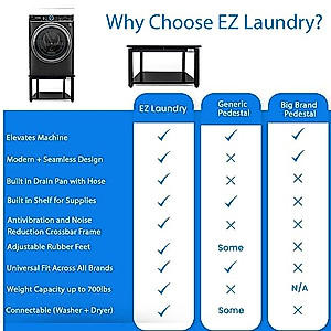 EZ Laundry | Upgraded 29” Universal Pedestal – 700lbs Capacity, Raises 16” with Built-in Drain Pan + Hose, Adjustable Feet, Anti-Vibration, Steel & Storage Shelf for Washer & Dryer (Black)