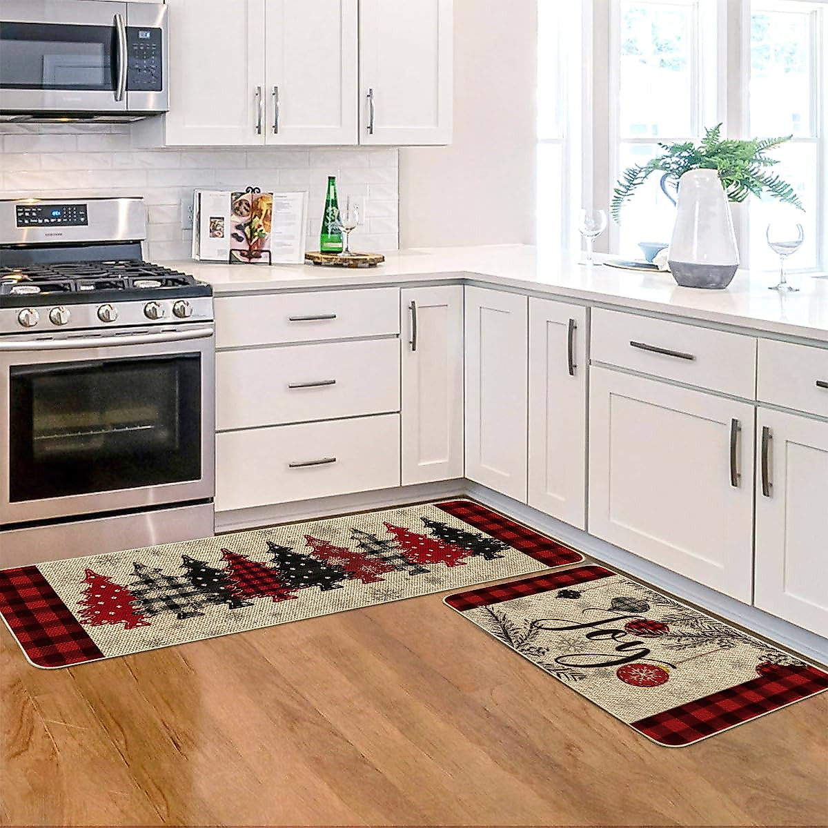 Artoid Mode Red Xmas Trees Ball Joy Snowflakes Christmas Kitchen Mats Set of 2, Winter Decor Low-Profile Kitchen Rugs for Floor - 17x29 and 17x47 Inch