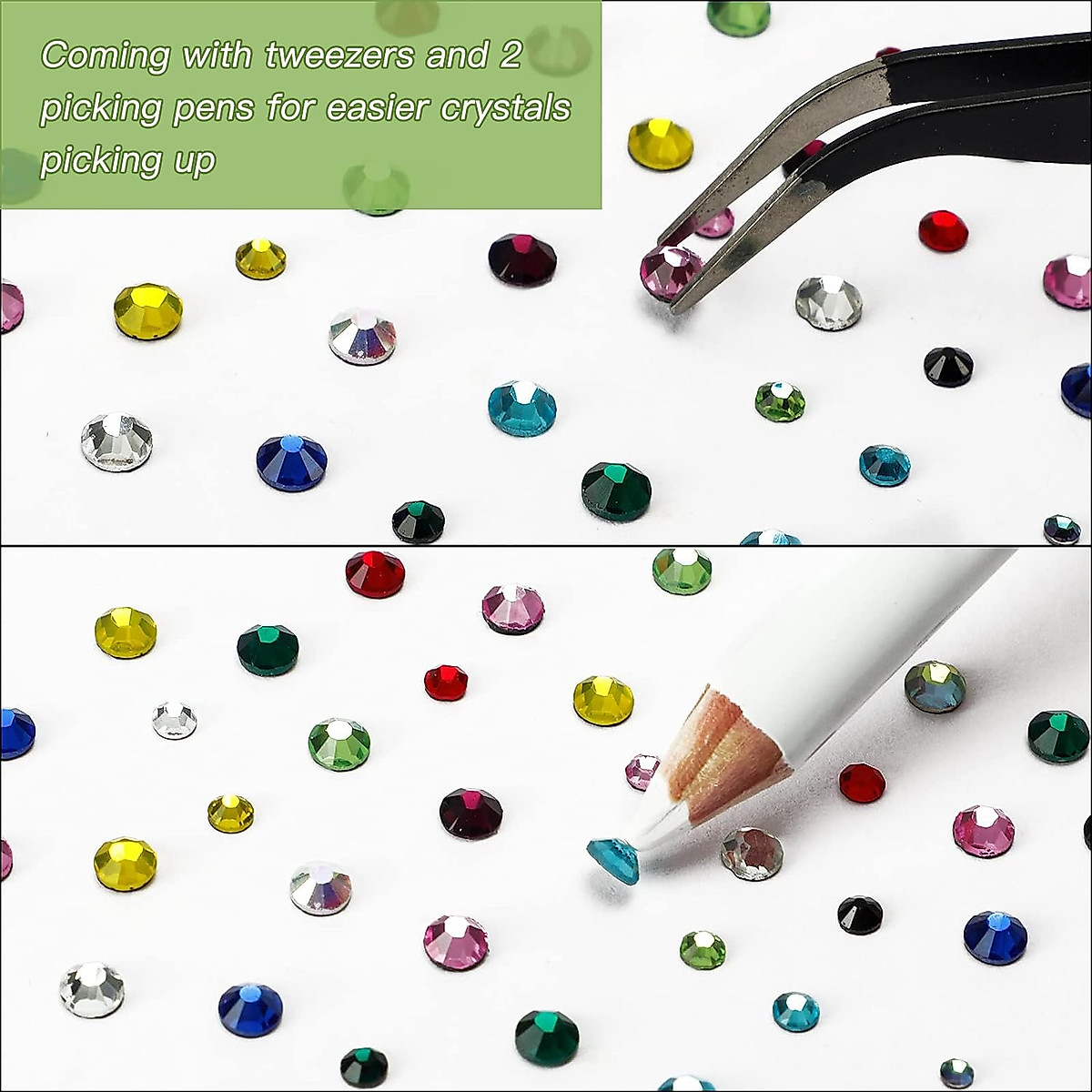 OUTUXED 5400pcs Multicolor Rhinestones 12 Mixed Color Hotfix Rhinestones Flatback Gemstones and Crystals for Crafts, Clothes with Tweezers and 2 Picking Pens