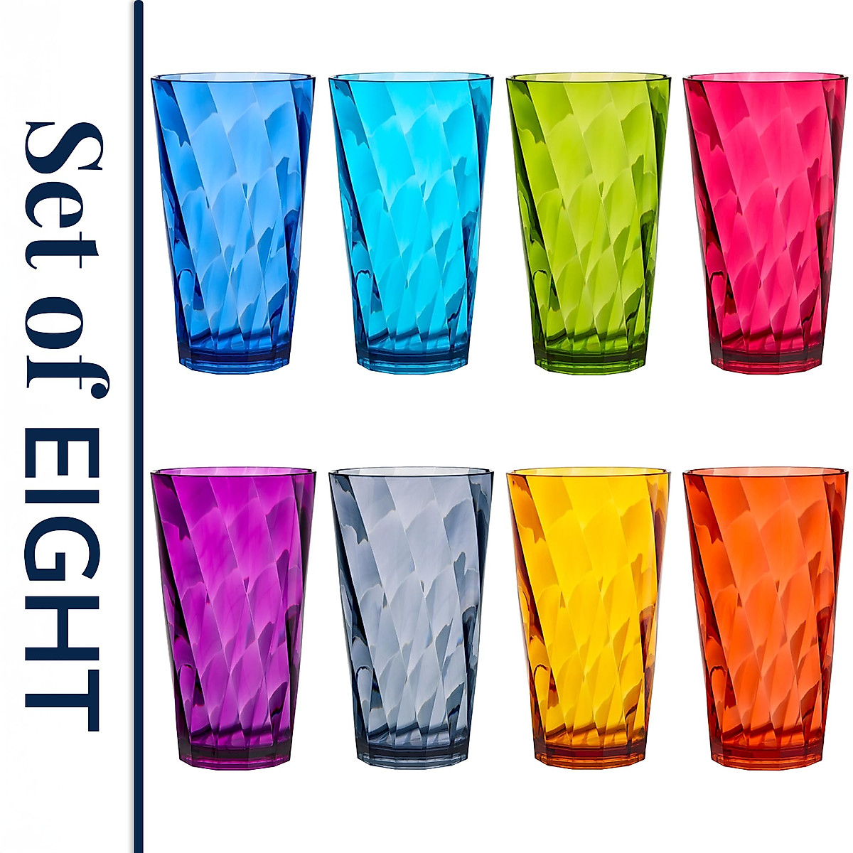 US Acrylic Optix 20 ounce Plastic Water Tumblers in Jewel Tone Colors | Set of 8 Drinking Cups | Reusable, BPA-free, Made in the USA, Top-rack Dishwasher Safe