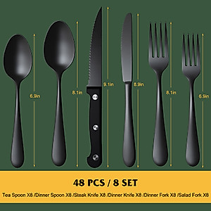 Moretoes 48-Piece Black Silverware Set, Stainless Steel Cutlery Set for 8, Mirror Polished Flatware Sets for Home and Restaurant, Include Knife Fork Spoon Set