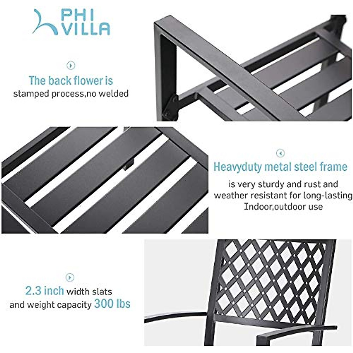 PHI VILLA 7-Piece Metal Outdoor Patio Furniture 37.4" x 59.8" Wood Like Rectangular Dining Table and Chairs Set for Ourdoor Backyard Lawn Garden, Black