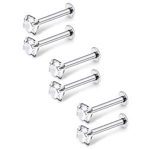 Dyknasz 316L Stainless Steel 16G 2mm Clear CZ Gem Nose Piercing Labret Monroe Lip Monroe Helix Rings Cartilage Ear Ring Studs Piercings 6mm Bar Length for Women Men Silvertone