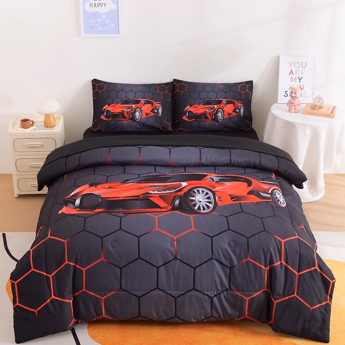 Podol 5 Pieces Race Car Comforter Set Twin Size Red Sports Car Bedding Sets for Boy 3D Geometric Bed in a Bag with 1 Comforter, 2 Pillowcases, 1 Flat Sheet and 1 Fitted Sheet