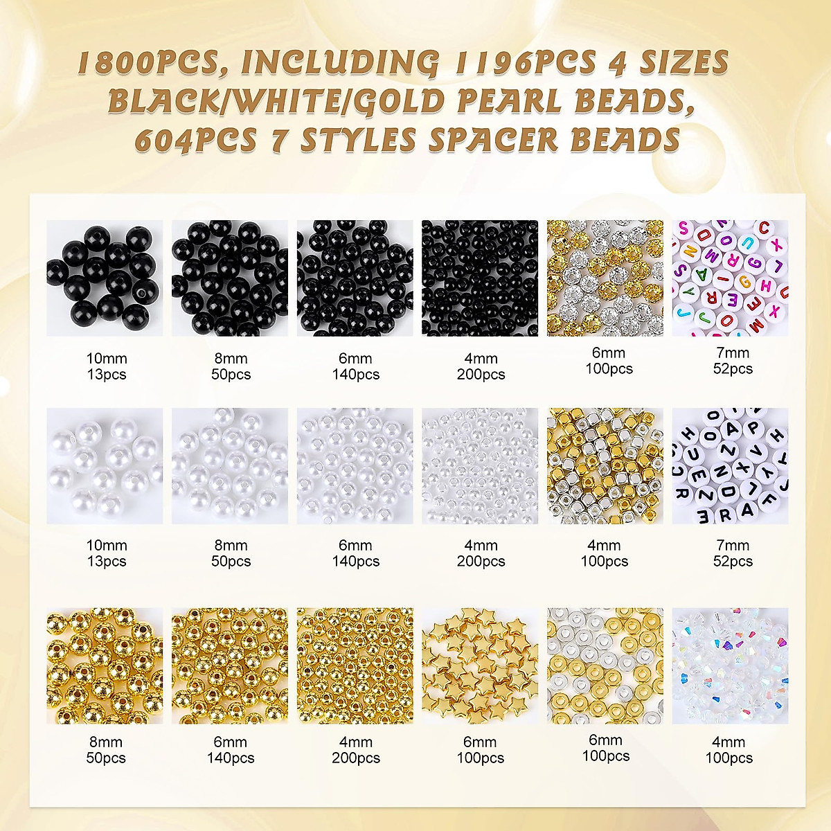 JADVY 1800 pcs Pearl Beads for Jewelry Making Kit with Spacer Beads, Black/White/Gold Pearl Beads for Bracelets, Necklaces, Earrings, DIY Pearls Bracelet Making Kit, Pearl Beads & Bead Assortments