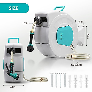 IDEALHOUSE Retractable Garden Hose Reel, 1/2 in x 100 ft Wall-mounted Hose Reel, with 9- Function Sprayer Nozzle, Any Length Lock/180° Swivel Bracket/Automatic Rewind/Slow Return System/Easy Watering