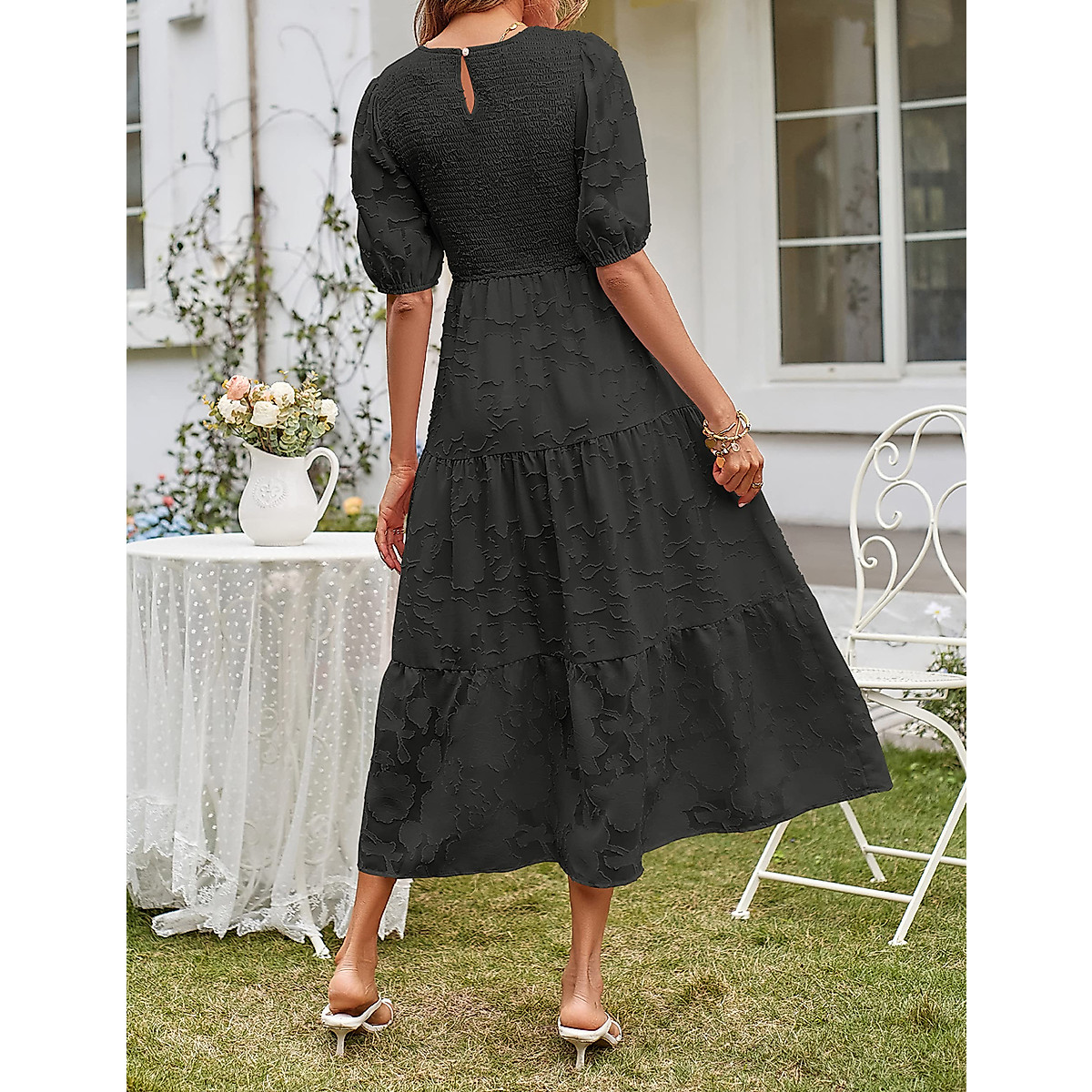 MEROKEETY Women's 2025 Summer Puff Sleeve Smocked Floral Dress Crewneck Lace Flowy Tiered Midi Dresses,Black,M